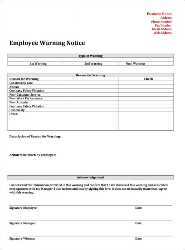 Employee Warning Notice Template | Accurate Records are Important