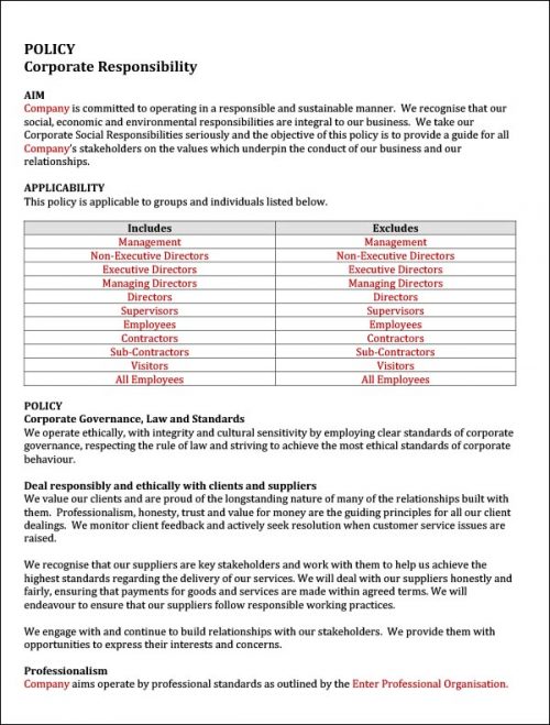 Corporate Responsibility Policy Template | Smart Responsible Business