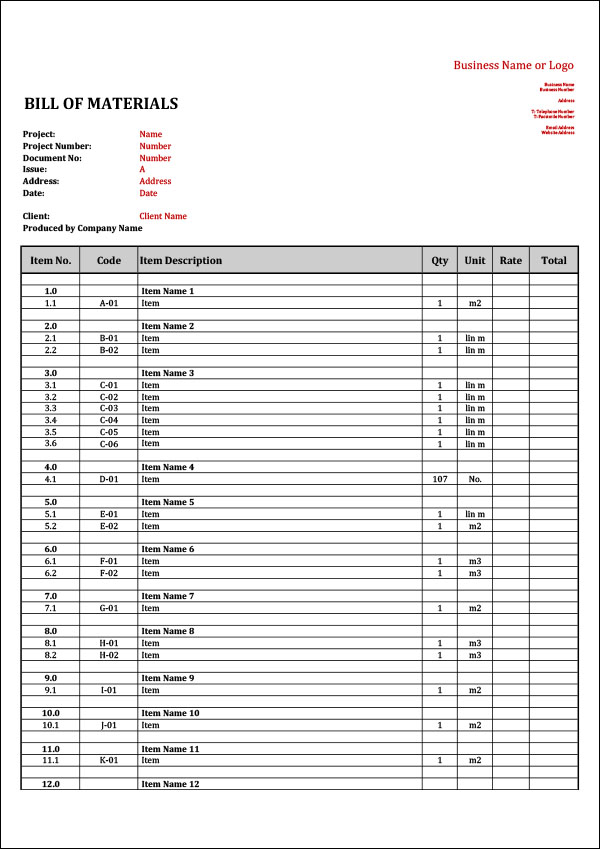 Bill Of Materials Template Bill Of Materials Template