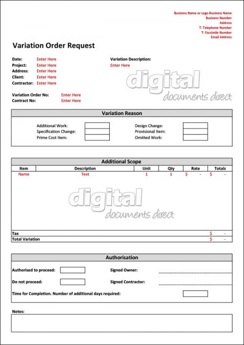 Variation Order Request Template | Request Variations with Confidence